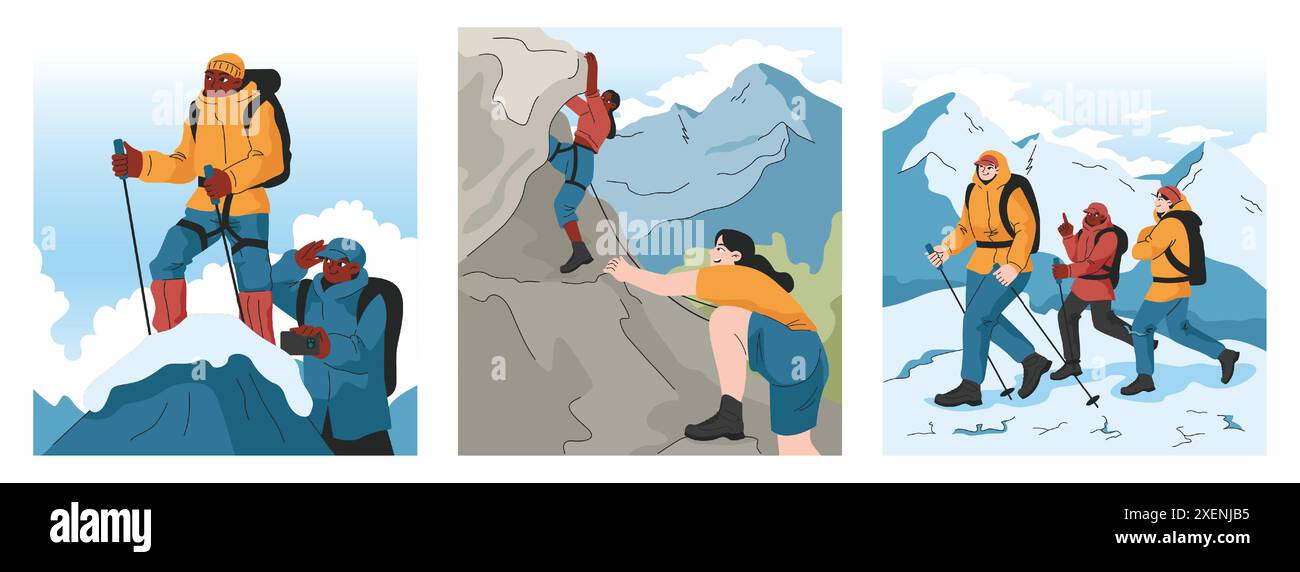 Mountaineering set. Mountain climbers with backpacks during nature ...