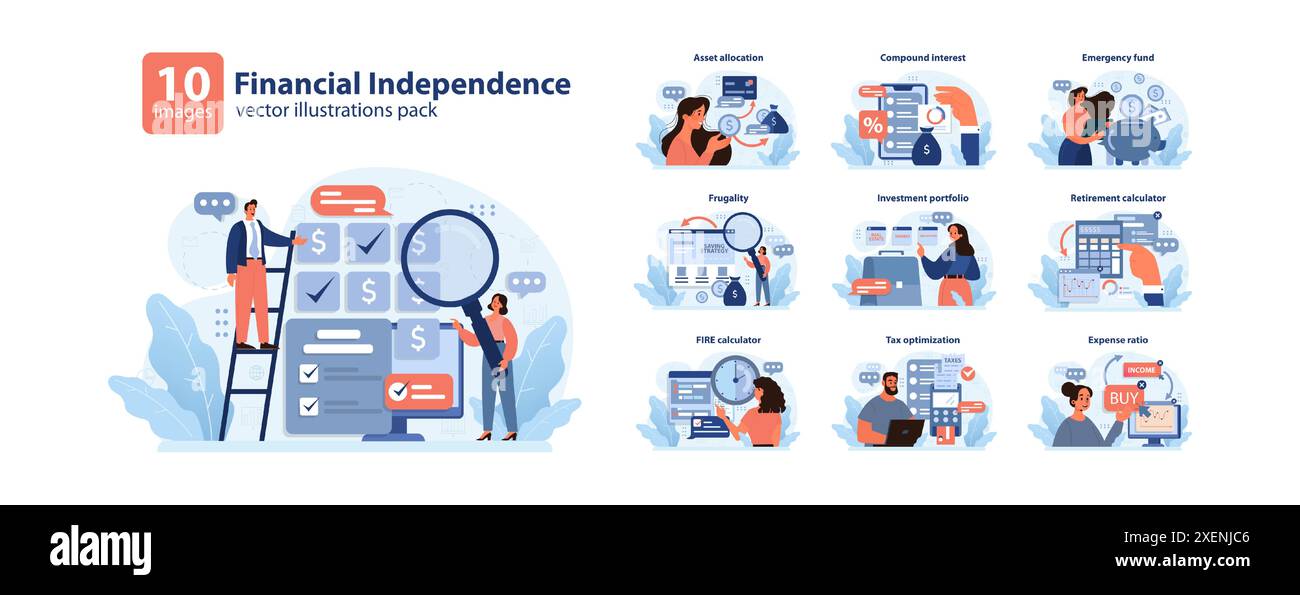 Financial independence, FIRE concept set. Money savings and investment ...
