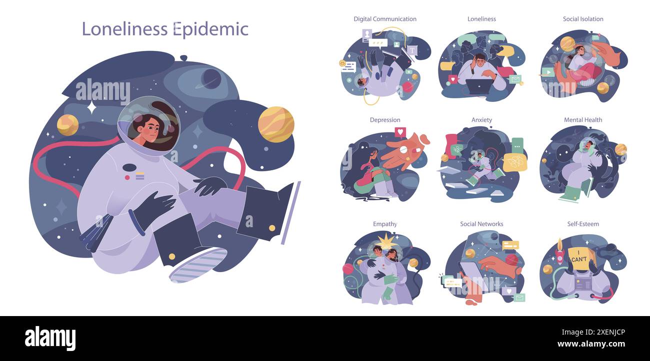 Loneliness set. Unhappy person, astronaut left alone in space ...