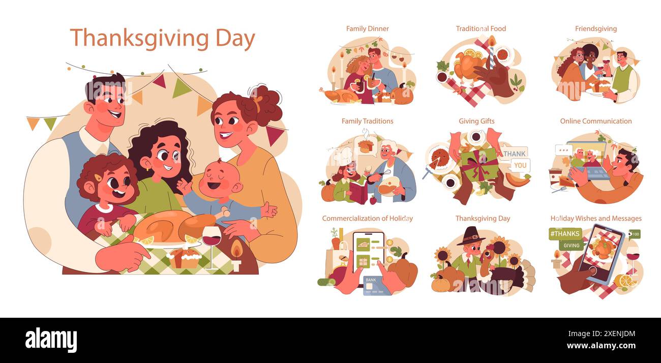 Joyful family celebrating Thanksgiving set. American holiday dining and ...