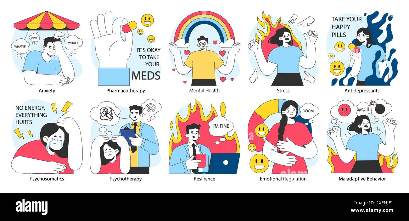 Neurosis set. Chronic stress and anxiety mental disorder. Character ...