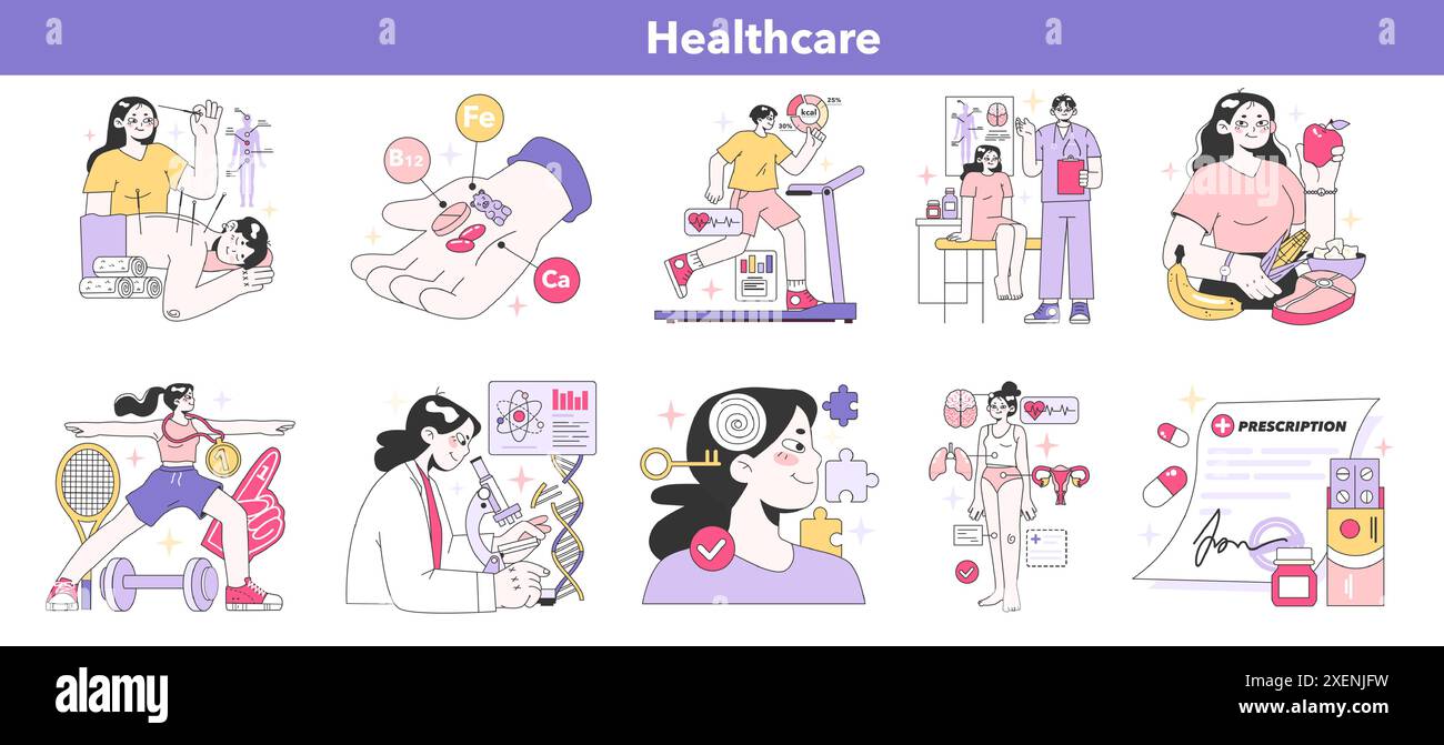 Healthcare set. Diverse wellness activities and medical check-ups ...