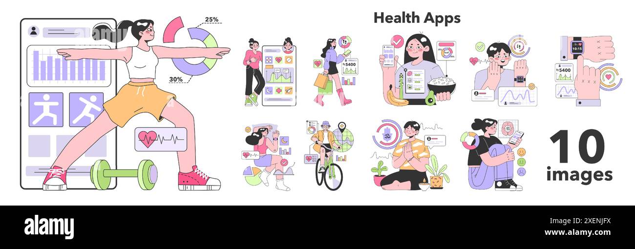 Health applications set. Characters using digital device and gadgets to ...