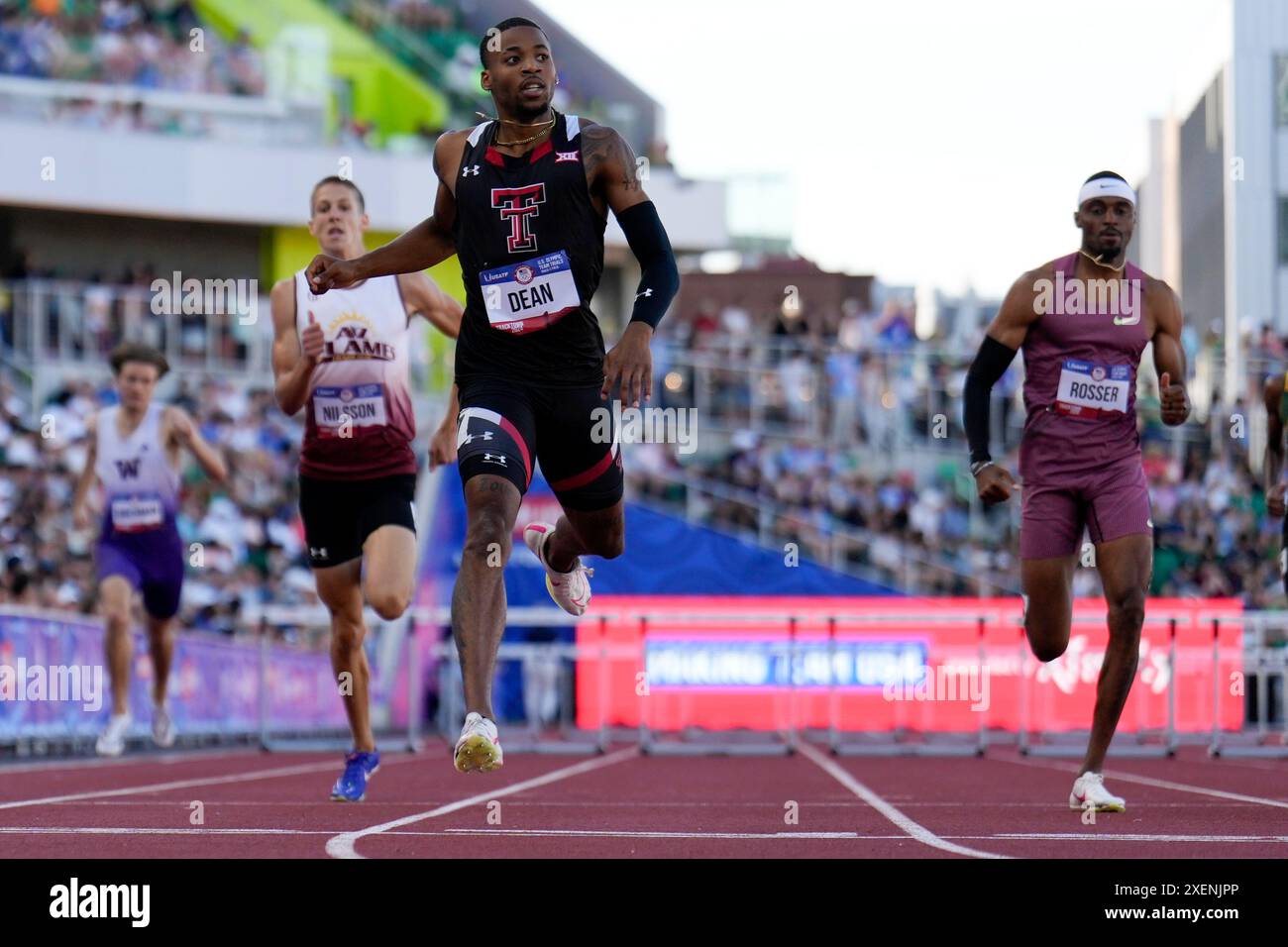 Caleb Dean wins a heat men's 400-meter hurdles semi-finals during the U ...