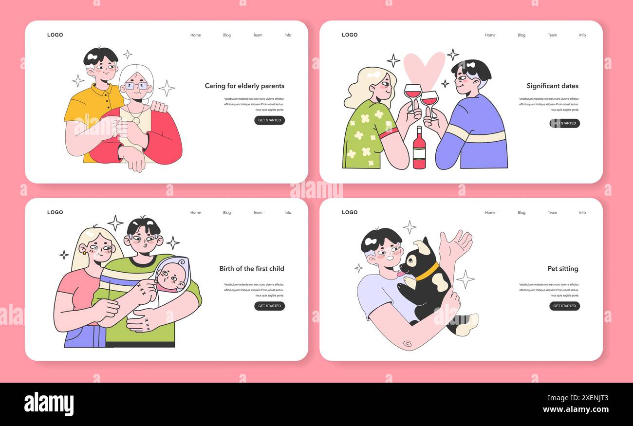 Adult life milestones web banner or landing page set. Growing and maturing, building home and ...