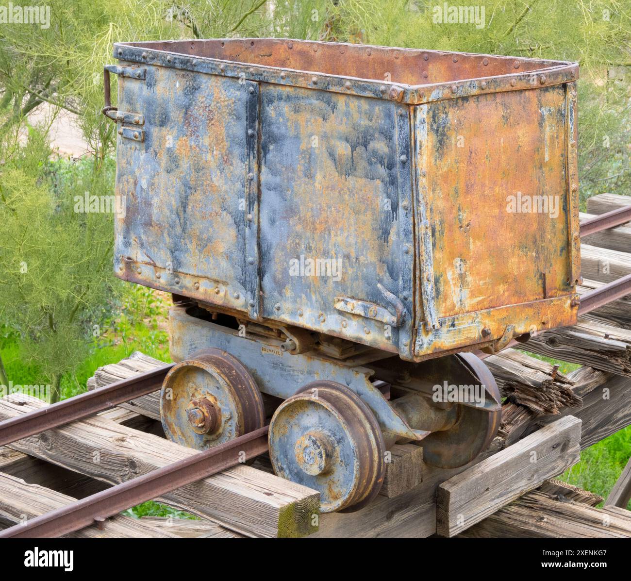 Arizona. Old gold mining ore carrier, detail showing the wheels and ...