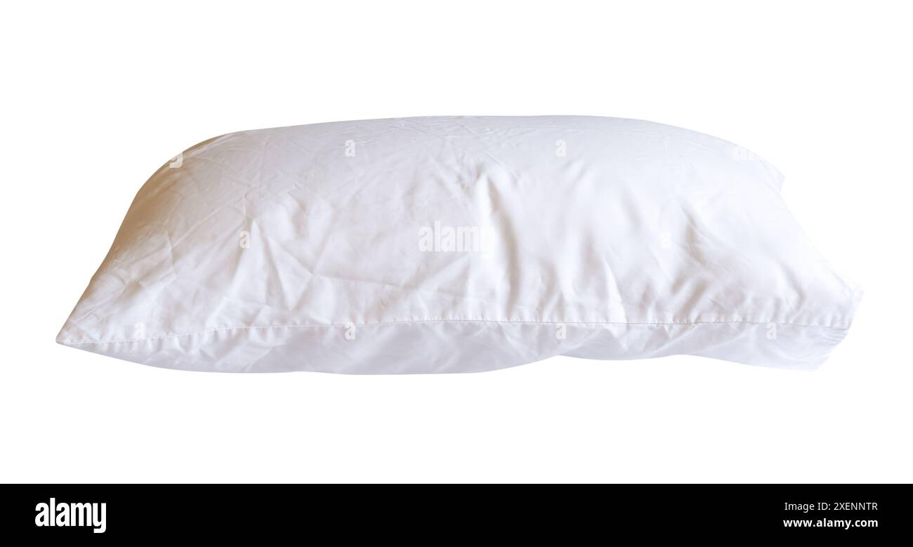 Side view of white pillow with case after use in hotel or resort room ...