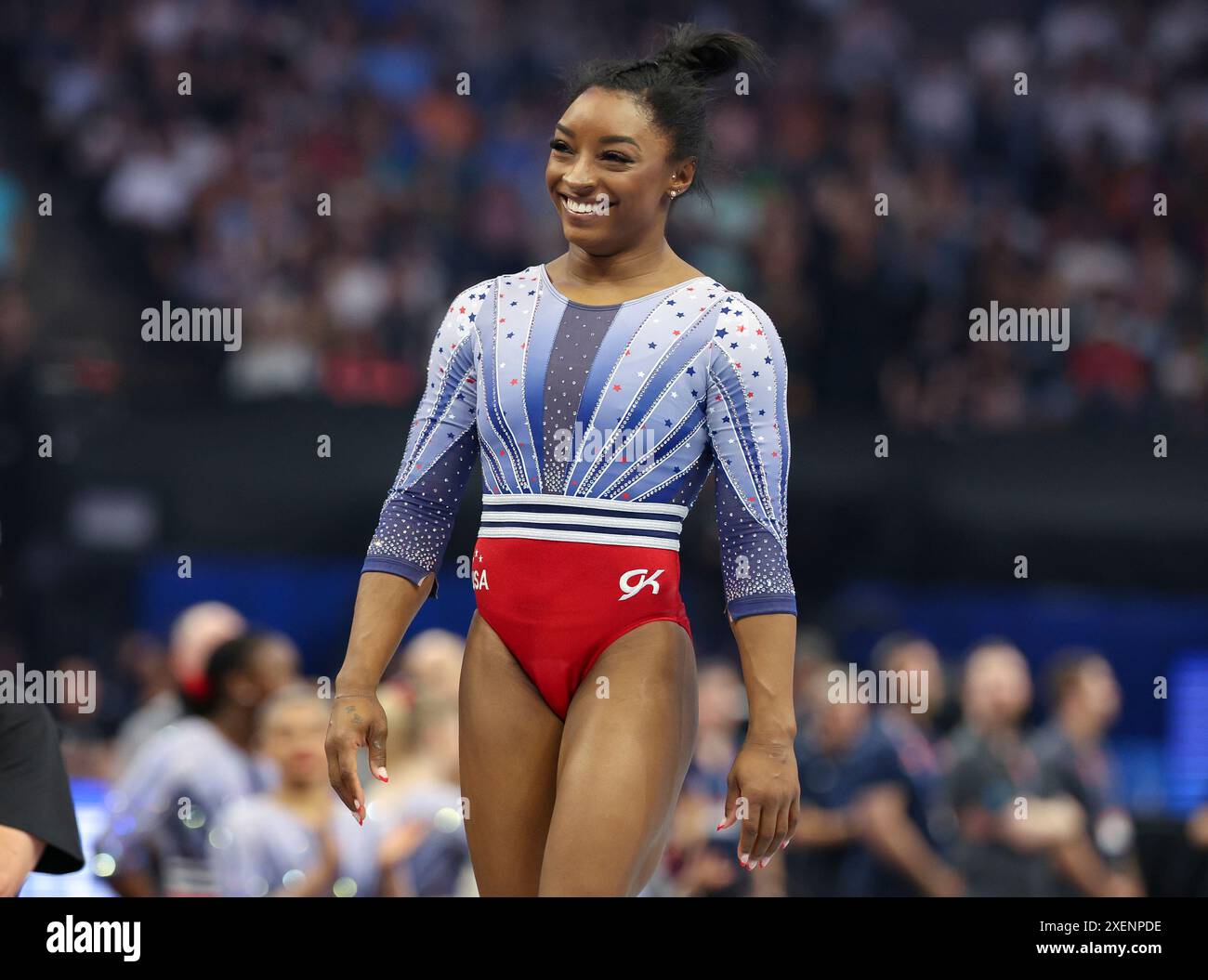June 28, 2024: Simone Biles smiles after her vault during the 2024 ...