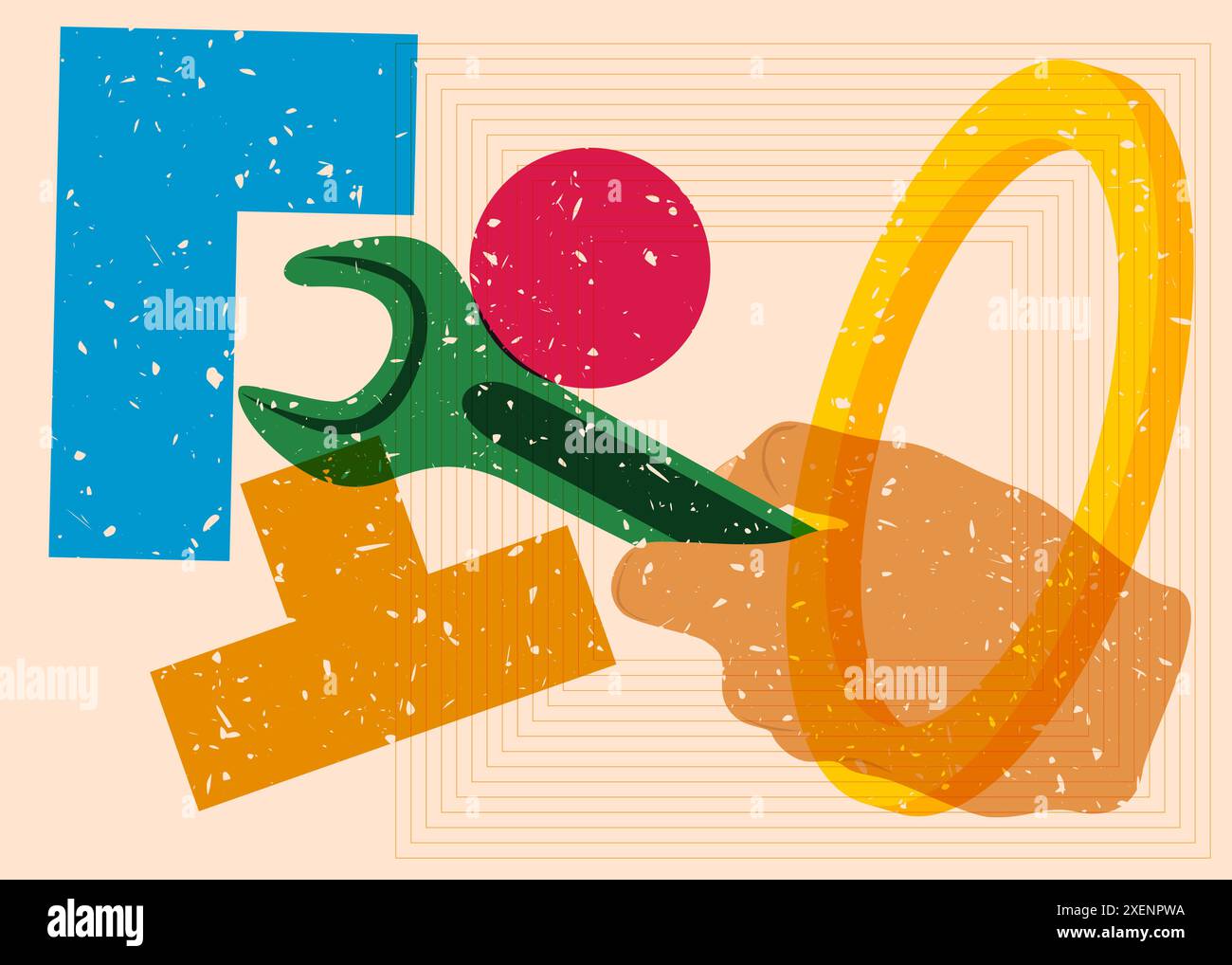 Risograph wrench in hand with geometric shapes. Objects in trendy riso ...