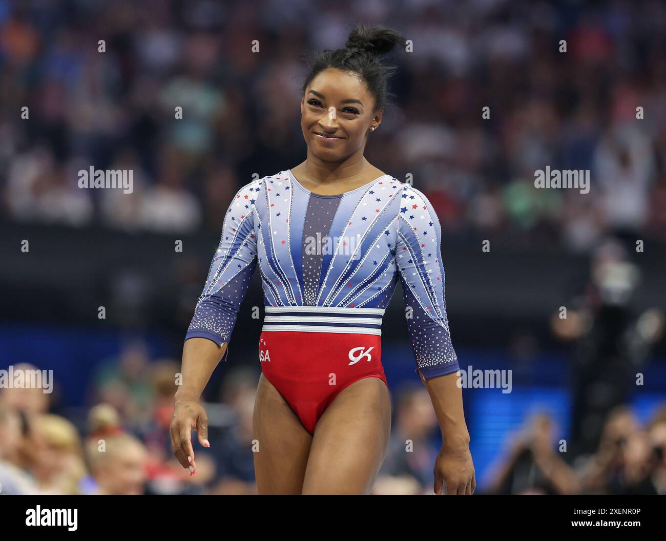 June 28, 2024: Simone Biles smiles after her first vault at the 2024 ...