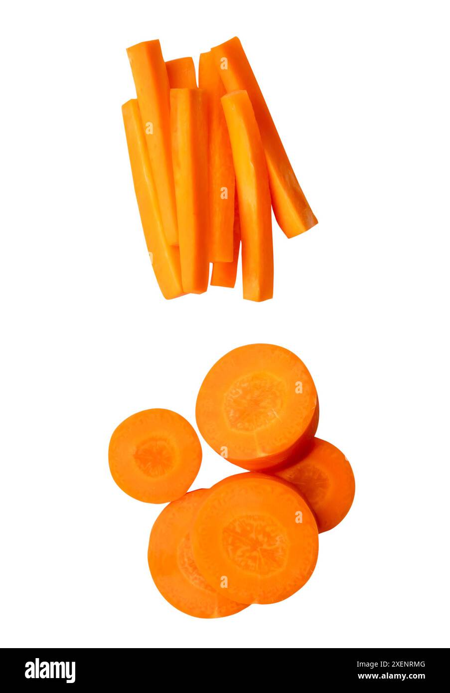 Top view set of orange carrot in circle and stick shape in stack is ...