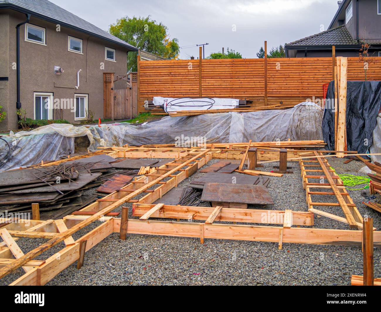 Wooden formwork for concrete pouring of the foundation of the new house ...