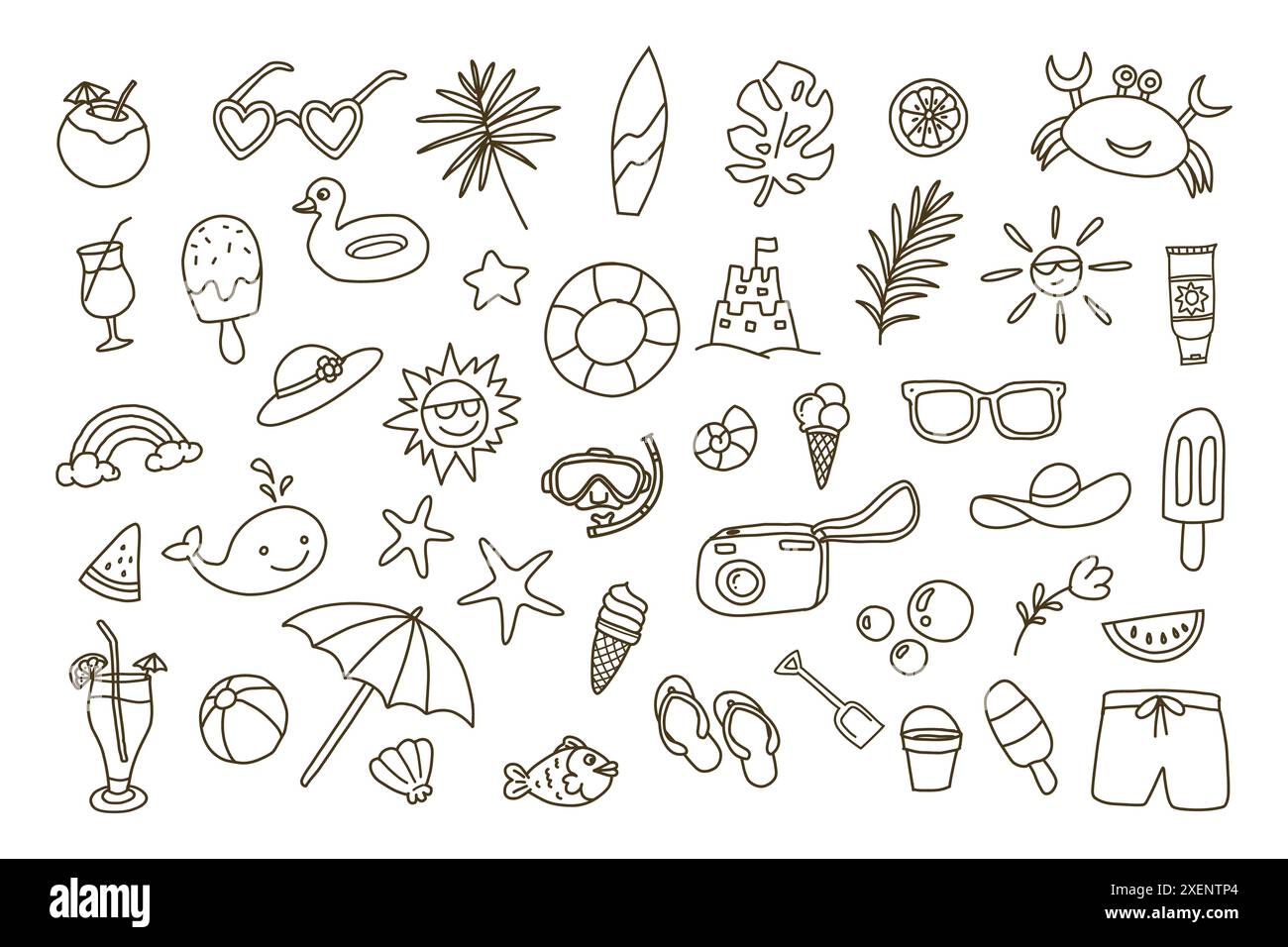 Beach and summer themed doodle design. The images include objects such ...