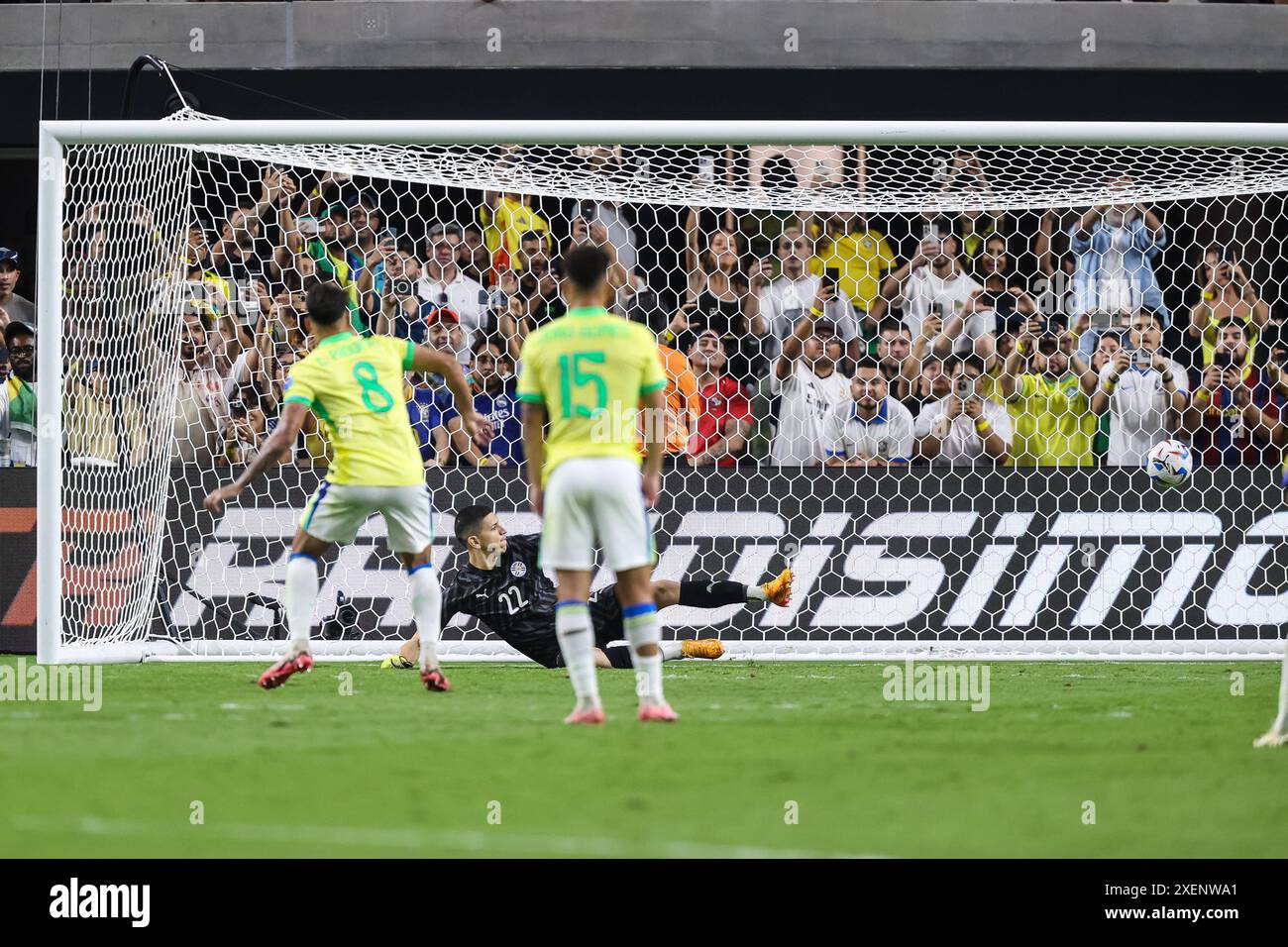 June 28, 2024: Paraguay goalkeeper Rodrigo MorÃ­nigo (22) dives to stop the ball during a ...