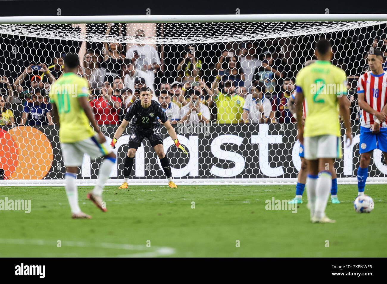 June 28, 2024: Paraguay goalkeeper Rodrigo MorÃ­nigo (22) in goal during a penalty kick during ...