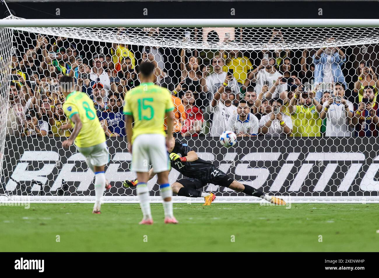 June 28, 2024: Paraguay goalkeeper Rodrigo MorÃ­nigo (22) dives to stop the ball during a ...