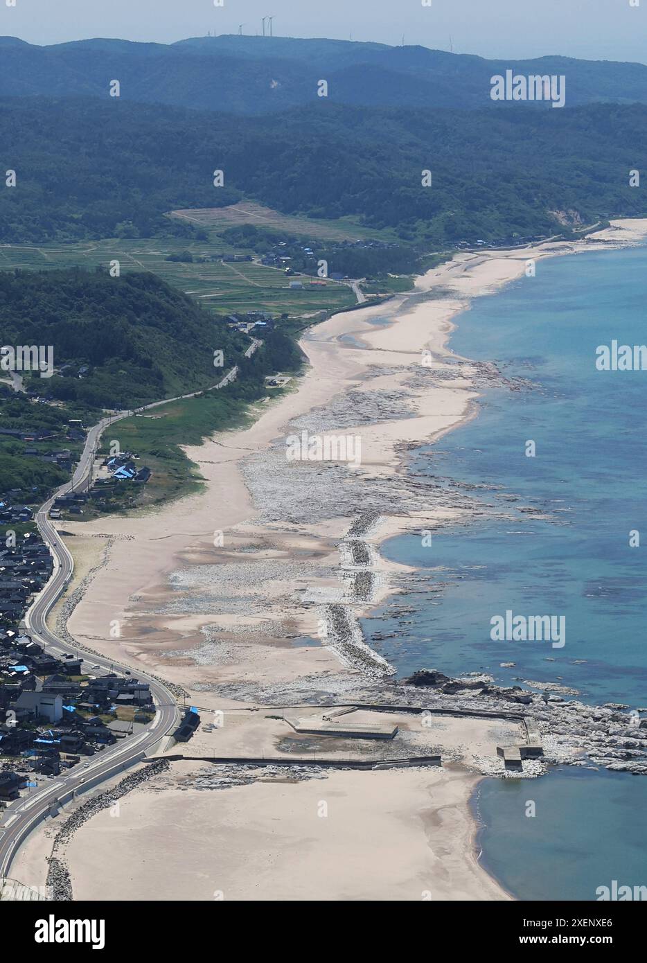 An aerial photo shows a raised fishing port in Wajima City, Ishikawa ...
