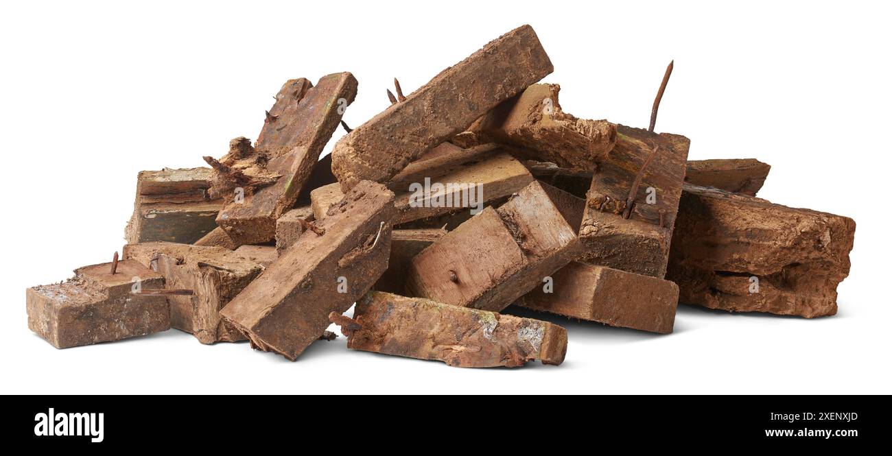 pile of scrape wood pieces with nails isolated white background, left ...