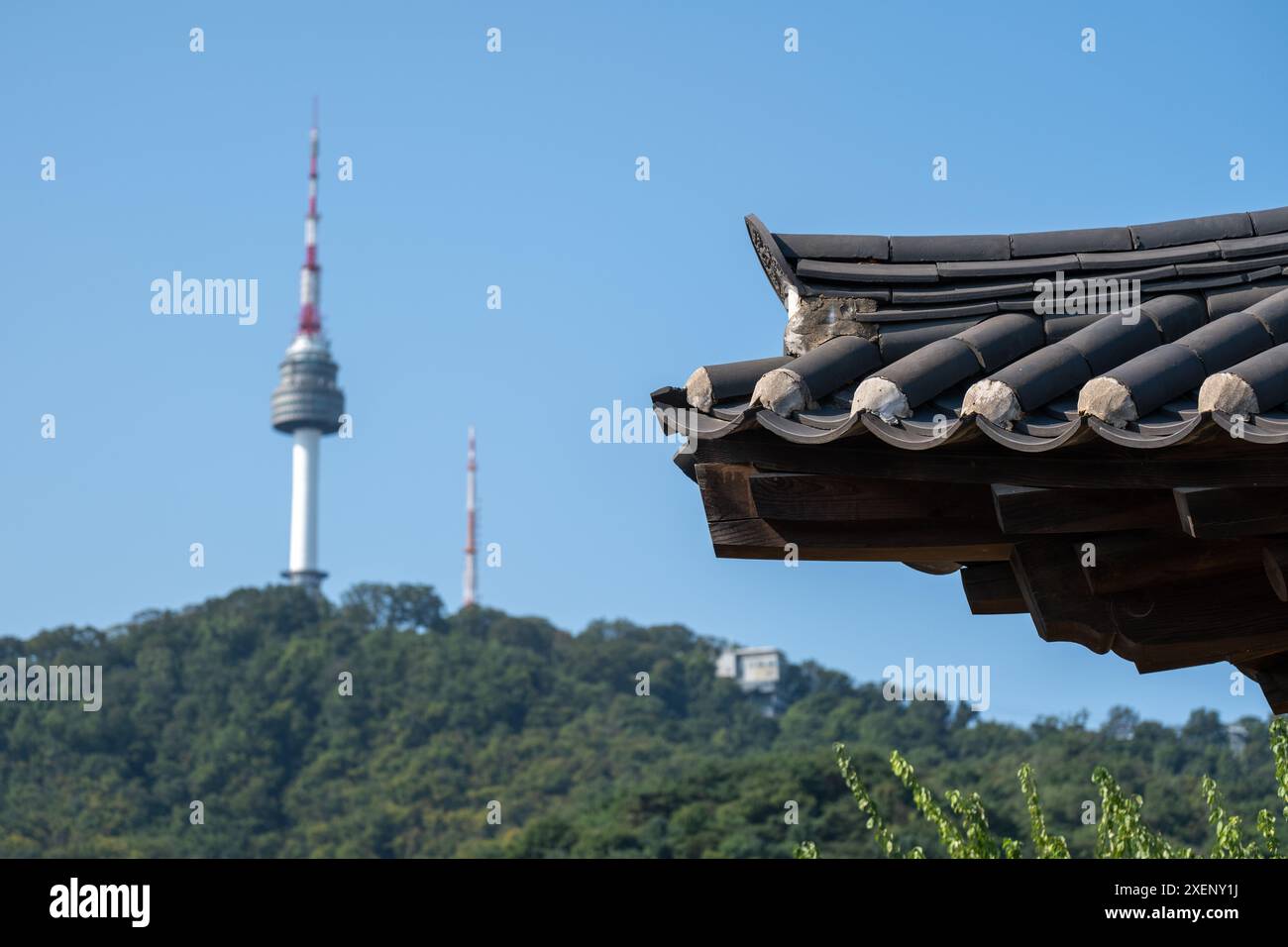 Traditional Korean roof in Namsangol Hanok village, with view of N ...