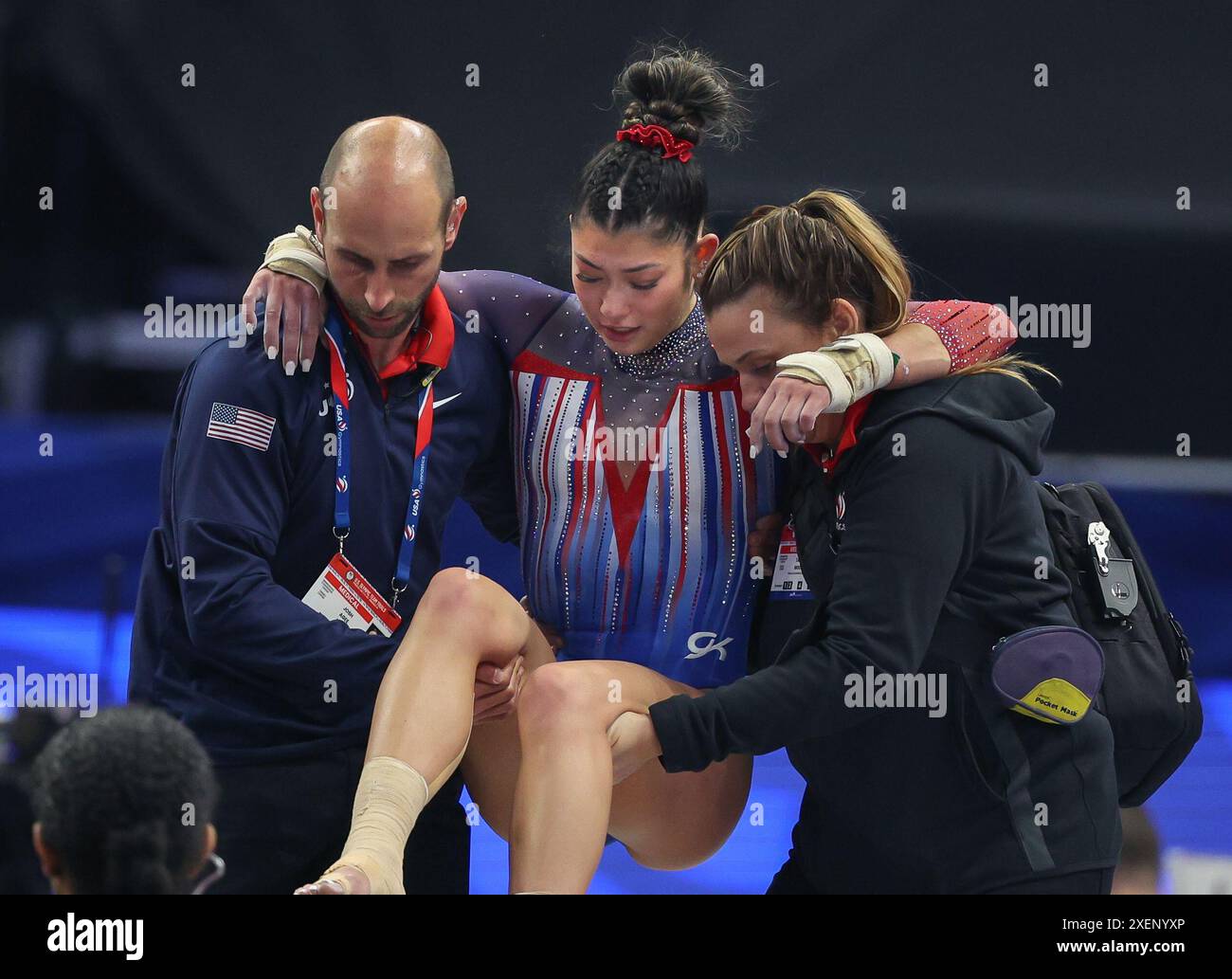 June 28, 2024: Kayla Dicello is helped off the vault with an injury ...
