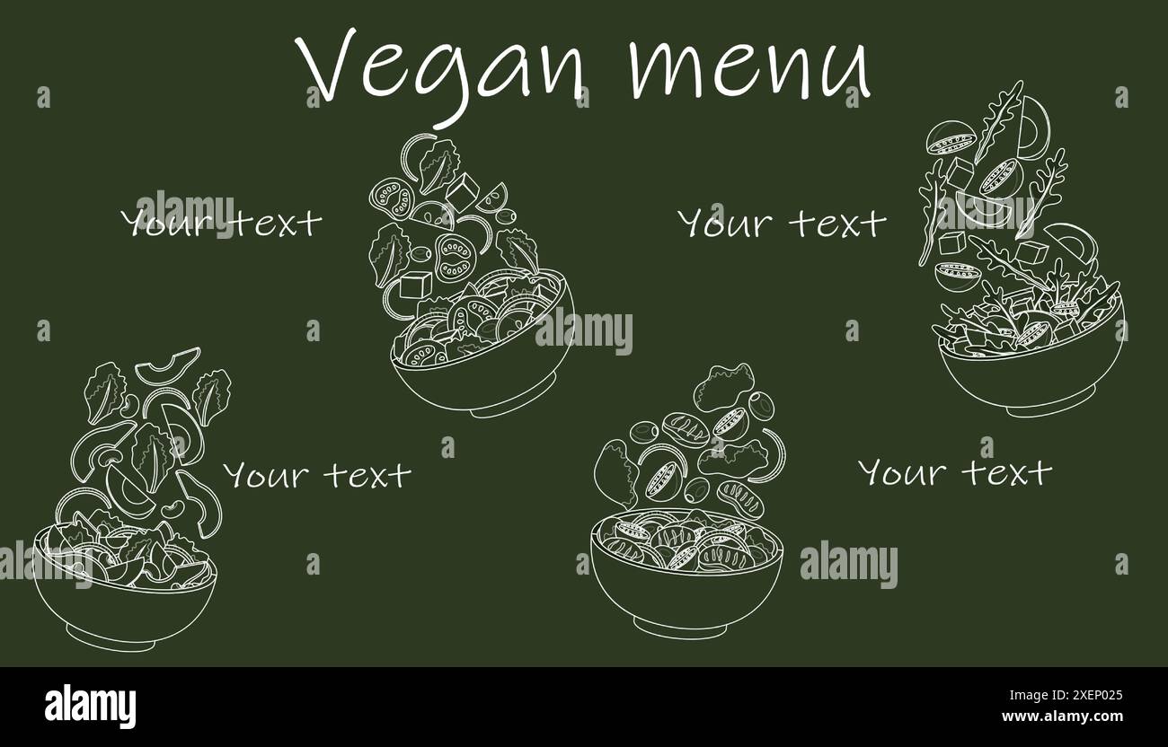 Healthy salad. Vegan menu. Diet dinner cooking. Chalkboard line drawing ...