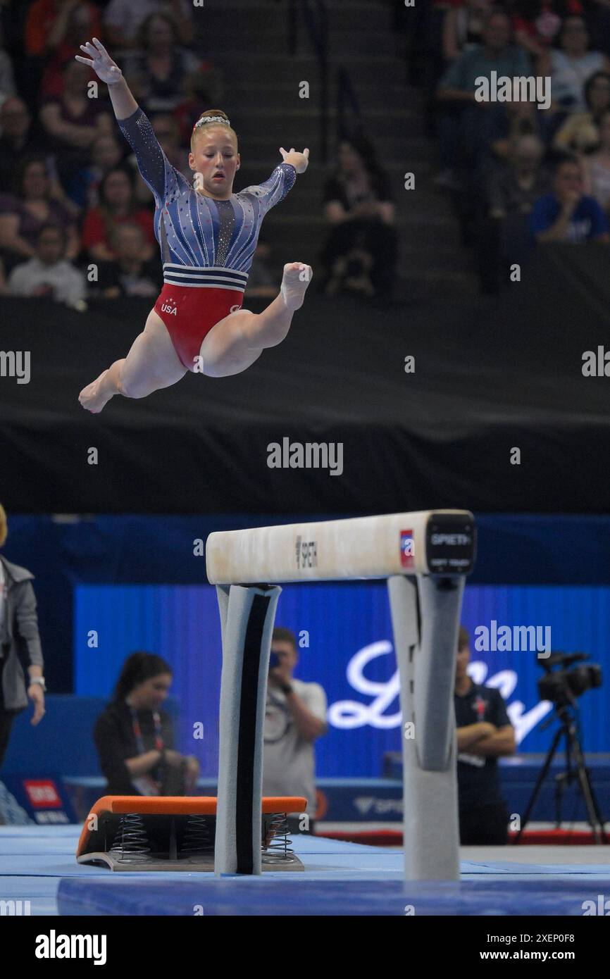 MINNEAPOLIS, MN - JUNE 28: Eveylynn Lowe competes on the balance beam ...