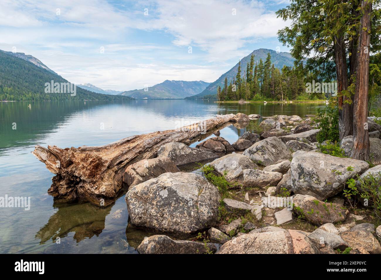 Rocks, boulders, and a fallen tree line the banks of Lake Wenatchee ...