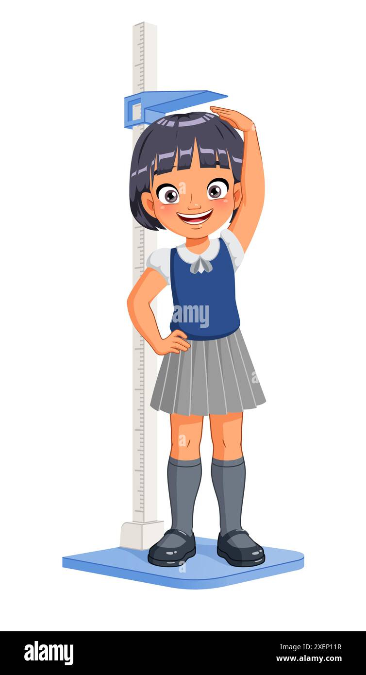 Little Asian girl measuring her height with a stadiometer. Cartoon ...