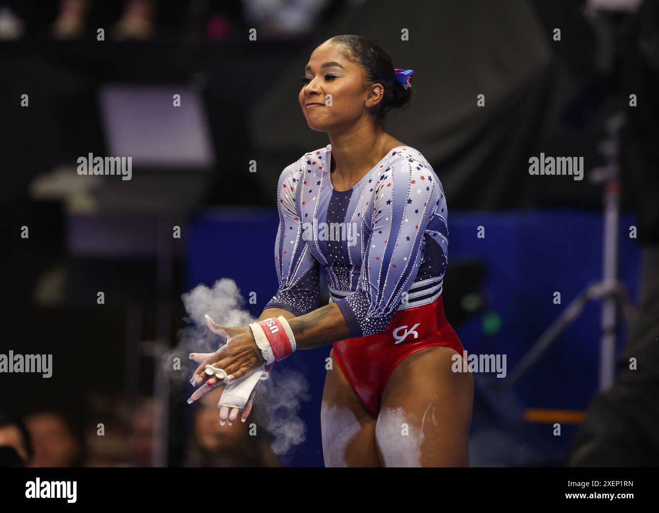 June 28, 2024: Jordan Chiles claps her hands after her bar routine ...