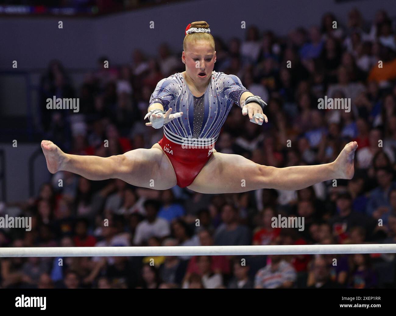 June 28, 2024: Eveylynn Lowe on the uneven bars during the 2024 ...