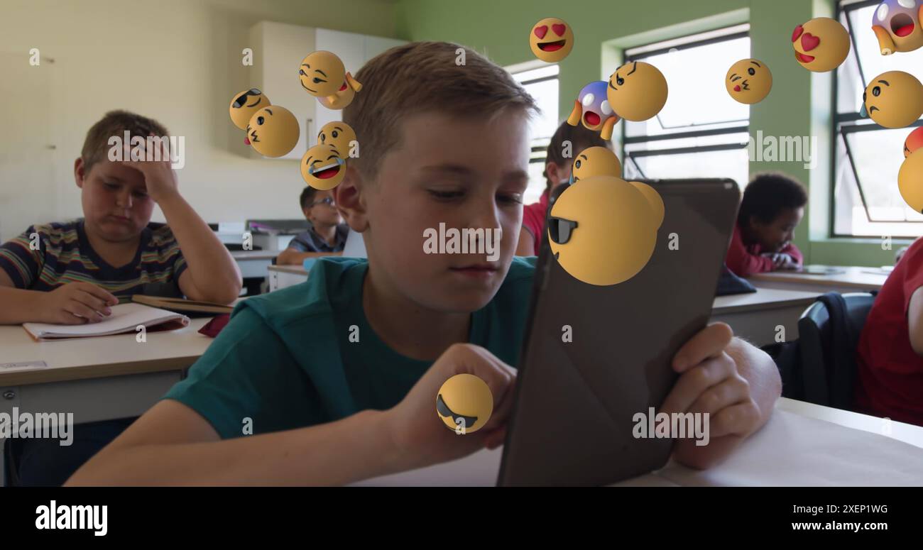 Image of multiple emoticons floating over diverse students studying and ...