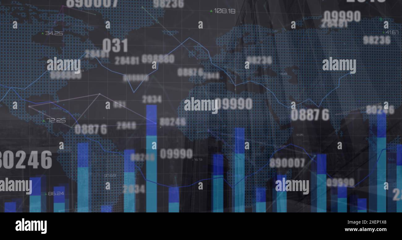 Image of financial data processing with network of connections and world map over cityscape ...
