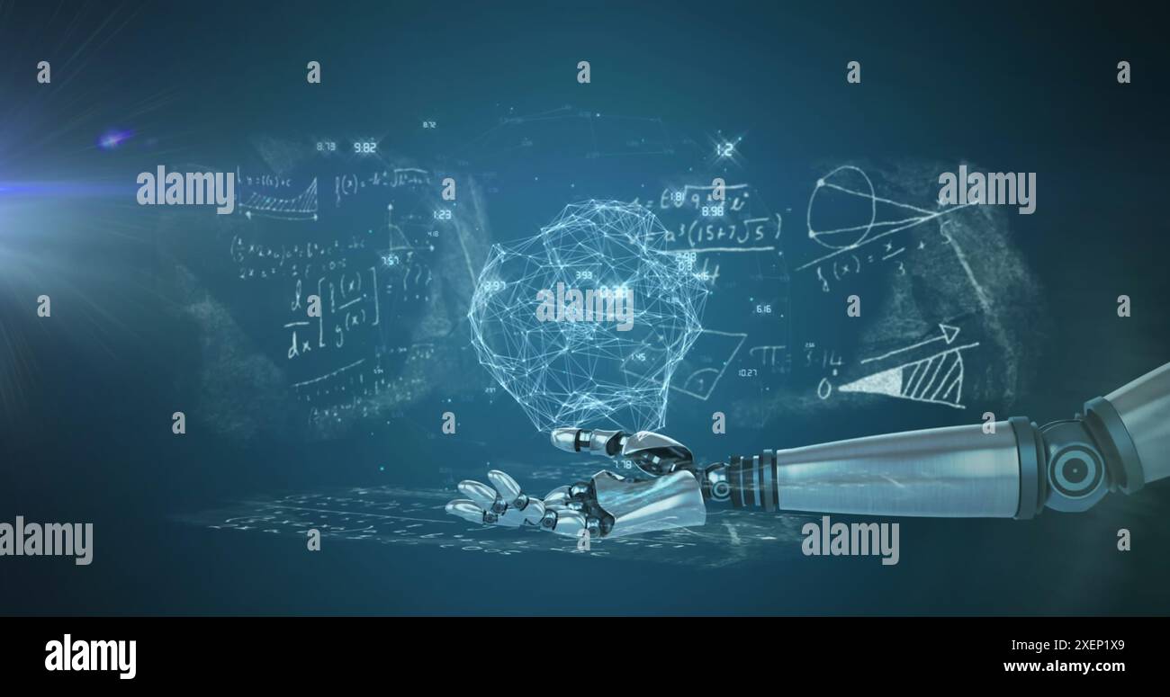 Image of robotic arm with shapes and data processing over mathematical ...
