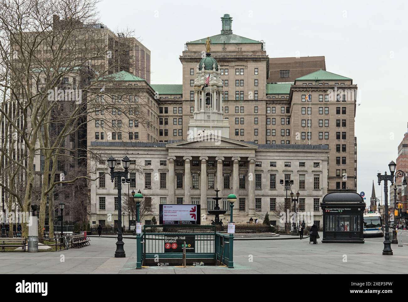 Brooklyn, NY - Jan 15, 2023: View of Borough Hall train station entrance (2,3,4,5 subway trains ...