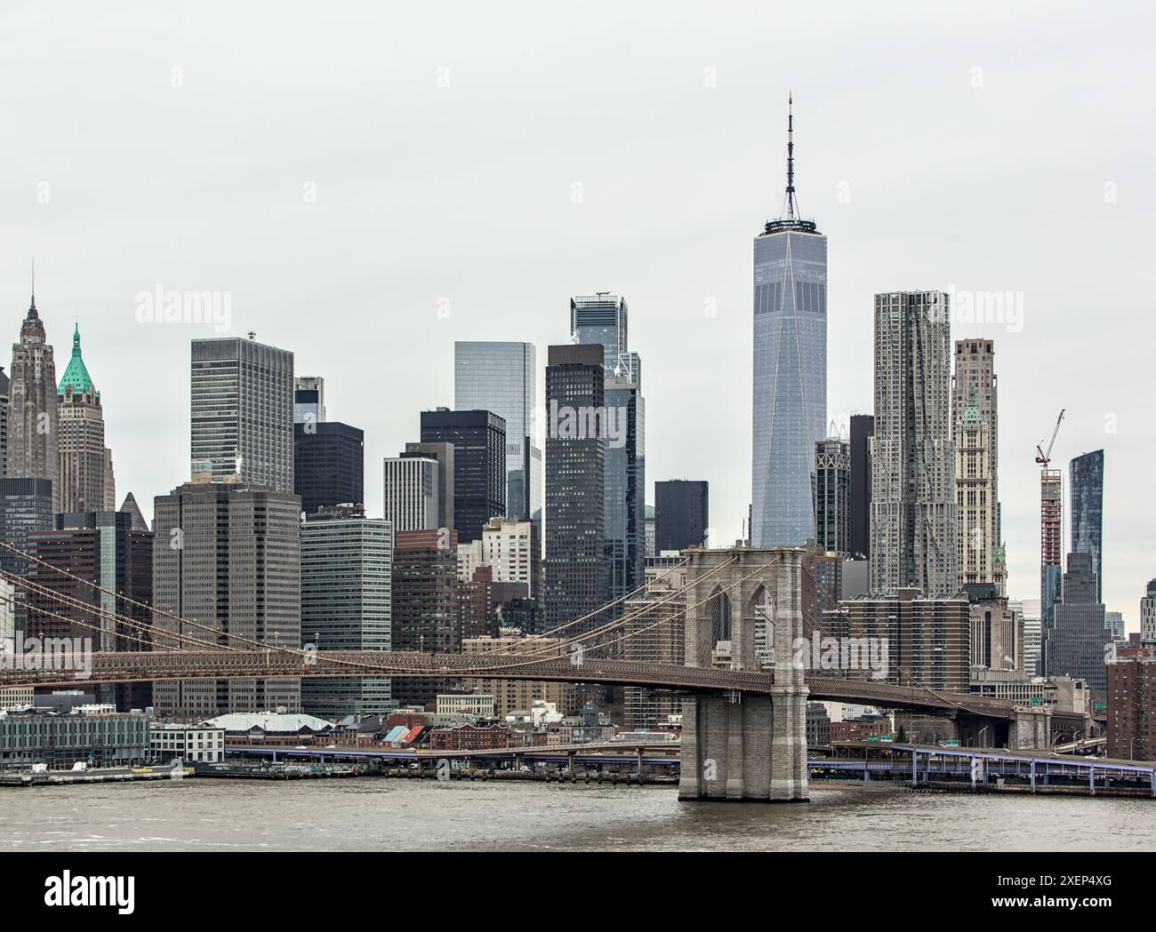 nyc skyline with brooklyn bridge and one world trade center (gray sky ...