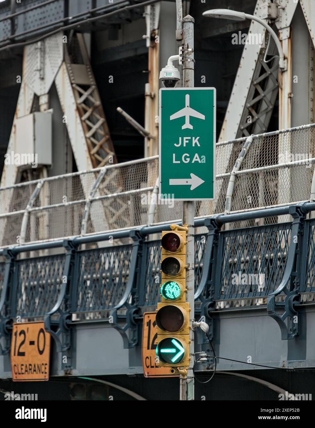 JFK and LGA sign with arrow with manhattan bridge in the background in ...