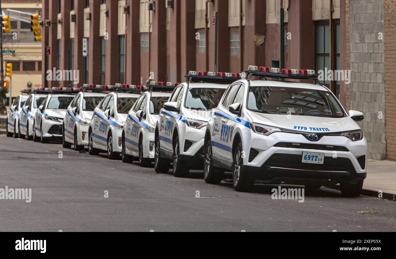 NYPD traffic cruiser police cars parked on the side of a street in Brooklyn, New York City Stock ...