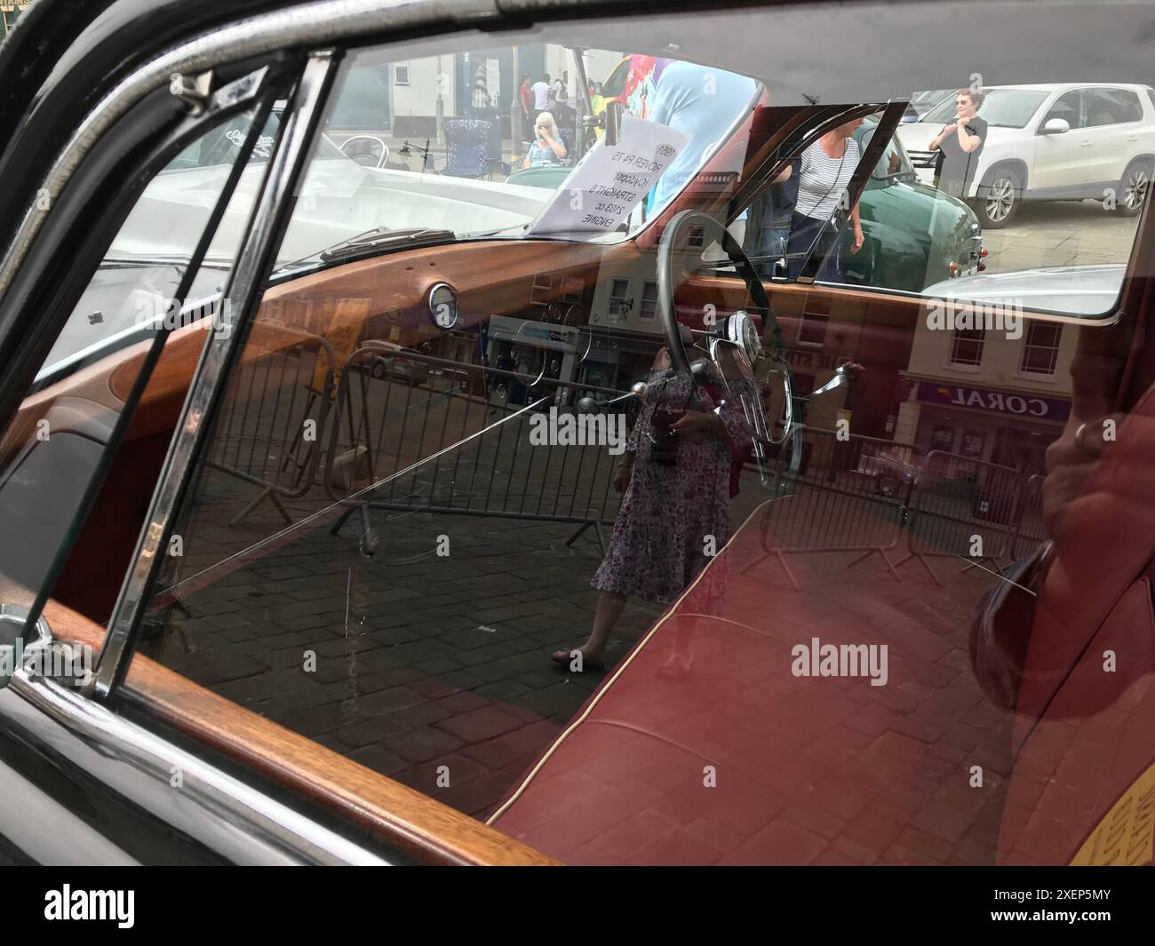 Interior of a 1950 Rover P4 (75) at a classic car show in the ...
