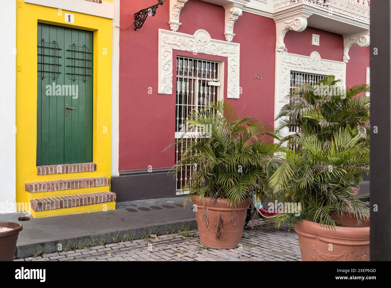 colorful colonial houses on calle tetuan in old san juan, puerto rico ...
