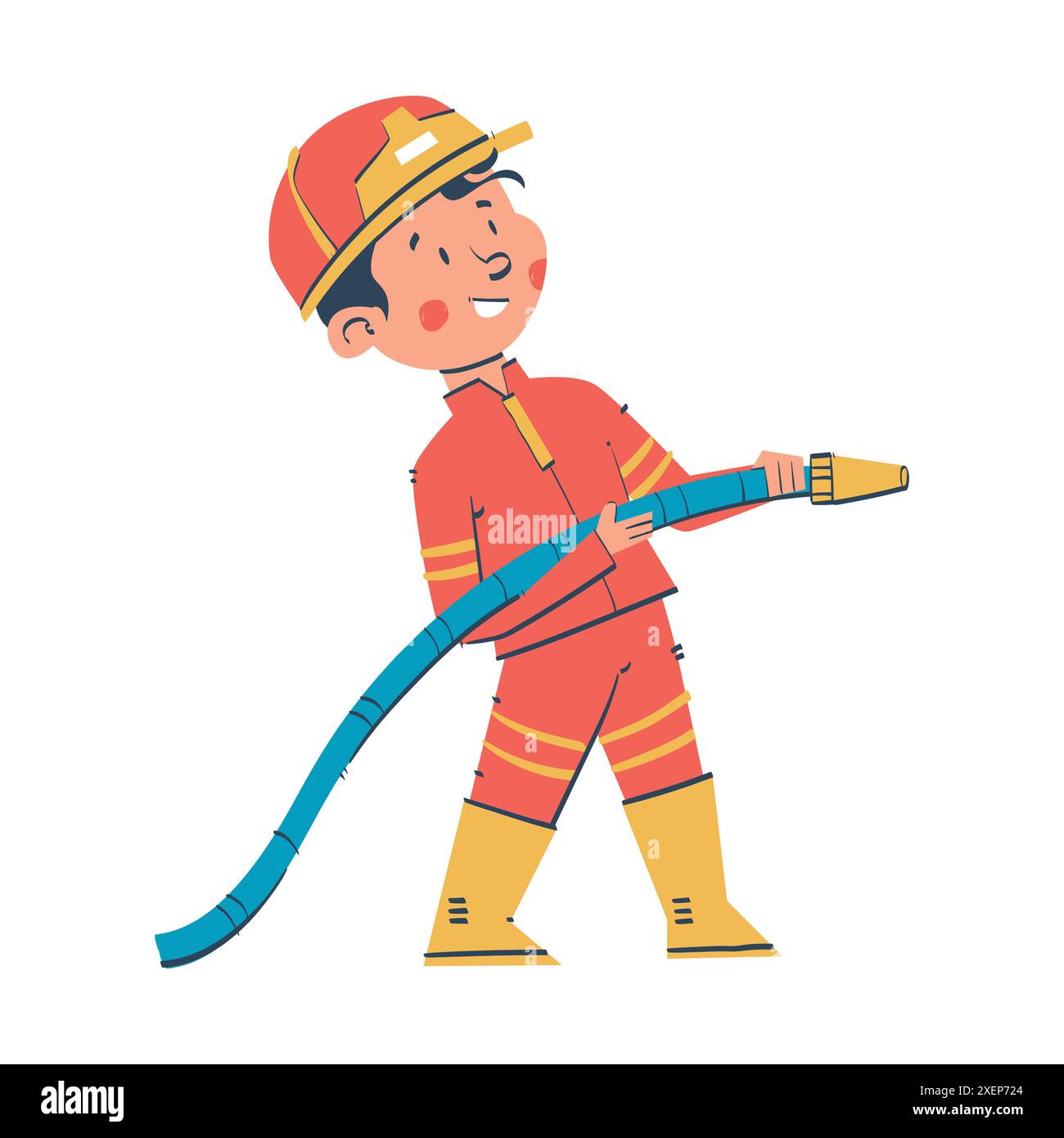 Smiling Boy Firefighter Holding Water Hose. Illustration for Children's ...