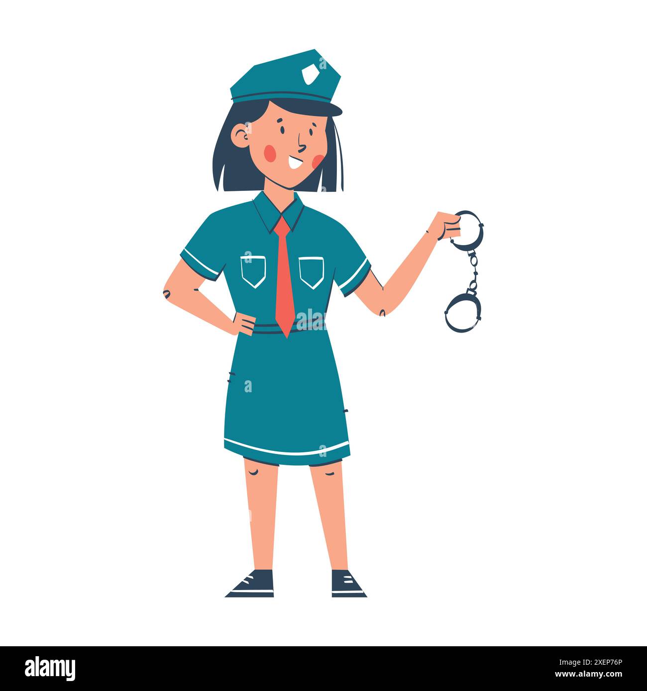 Smiling young police woman holding handcuffs character illustration ...