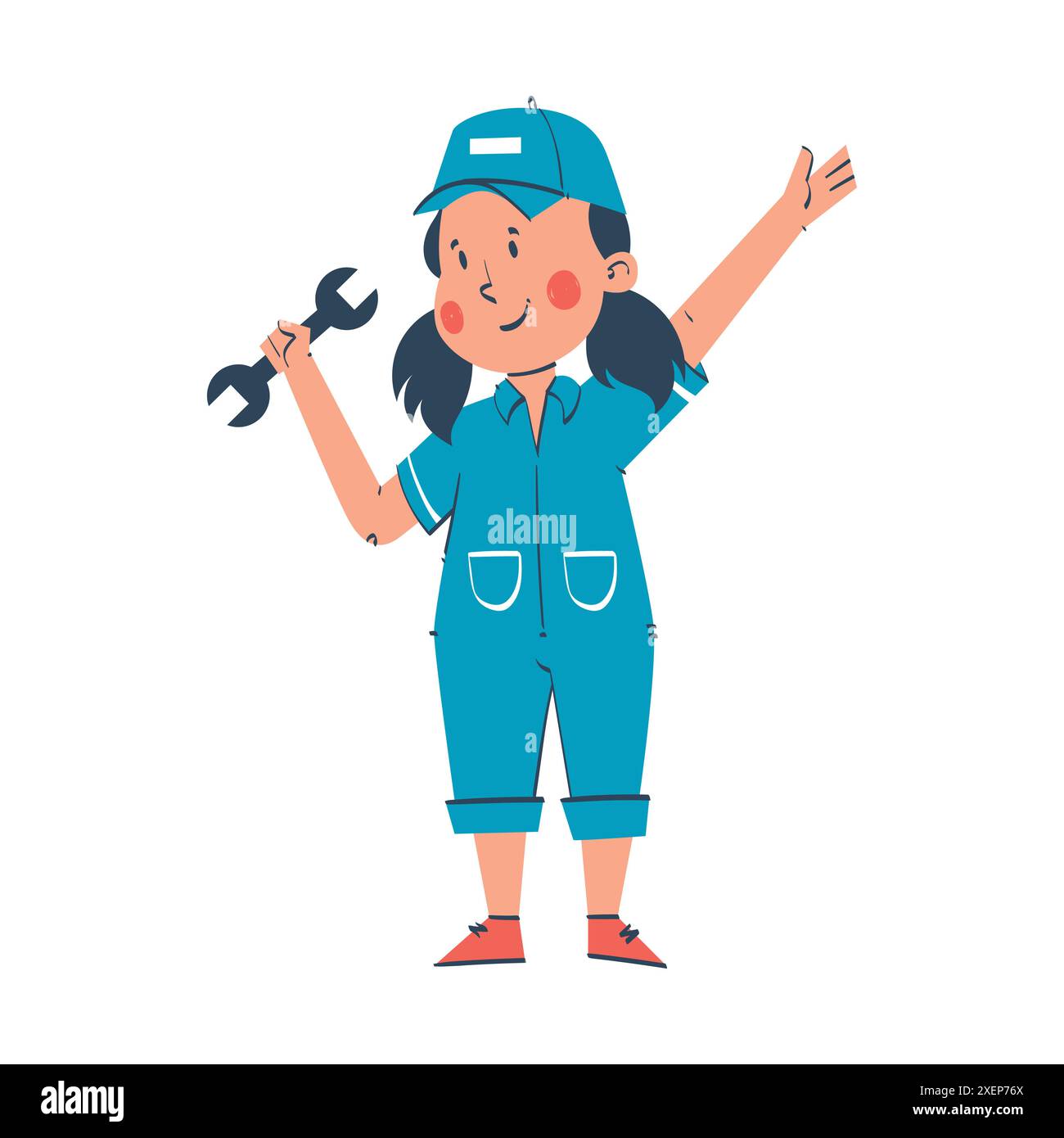 Young female mechanic holding wrench and waving, celebrating labor day ...