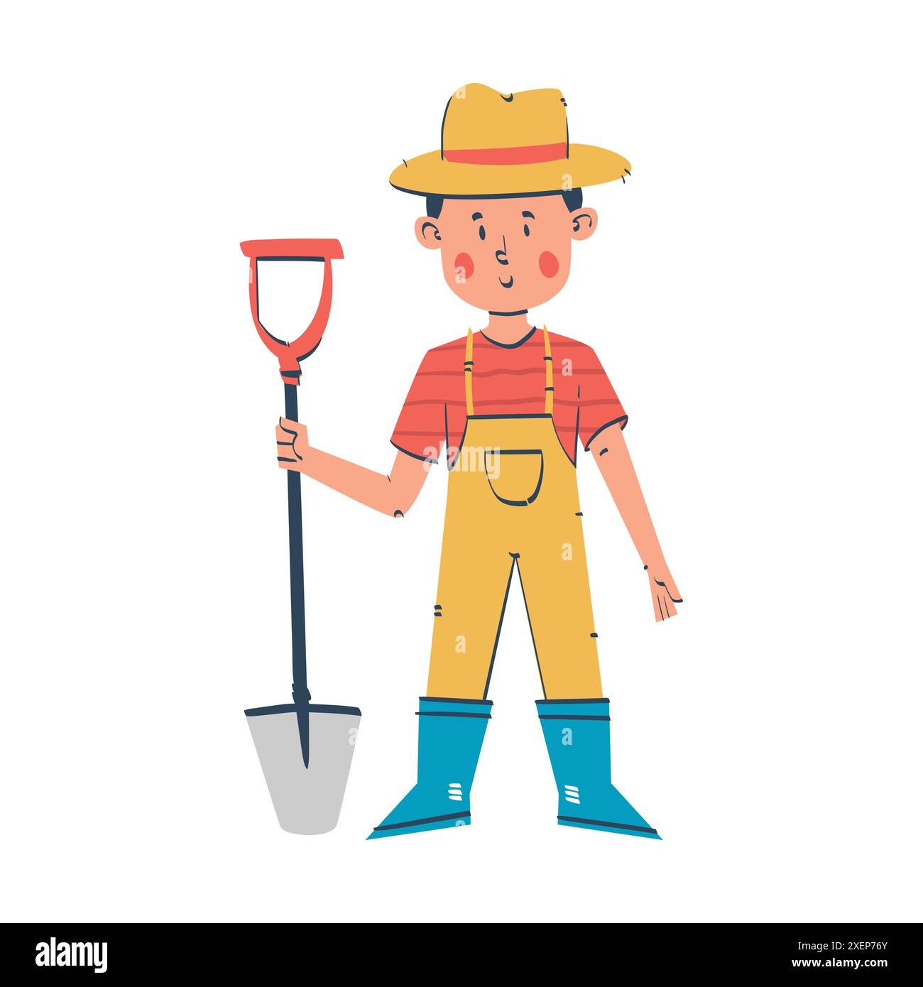 Young farmer boy holding shovel ready for work on farmland. Inspiring ...