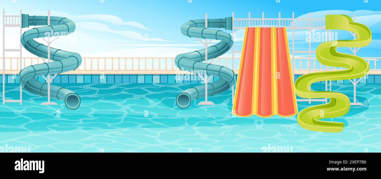 Beautiful clear pool with water park slides tube. Bright clear water in ...