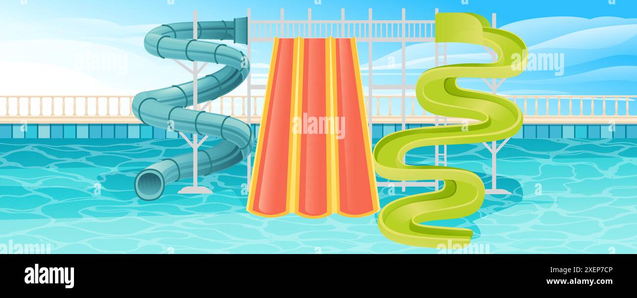 Beautiful clear pool with water park slides tube. Bright clear water in pool, colorful pipes ...