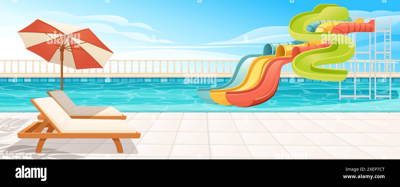 Beautiful clear pool with water park slides tube, sunbed and umbrella. Bright clear water in ...