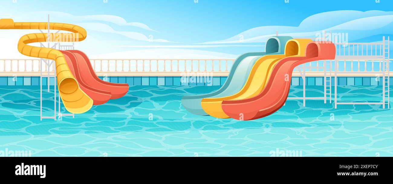 Beautiful clear pool with water park slides tube, sunbed and umbrella ...