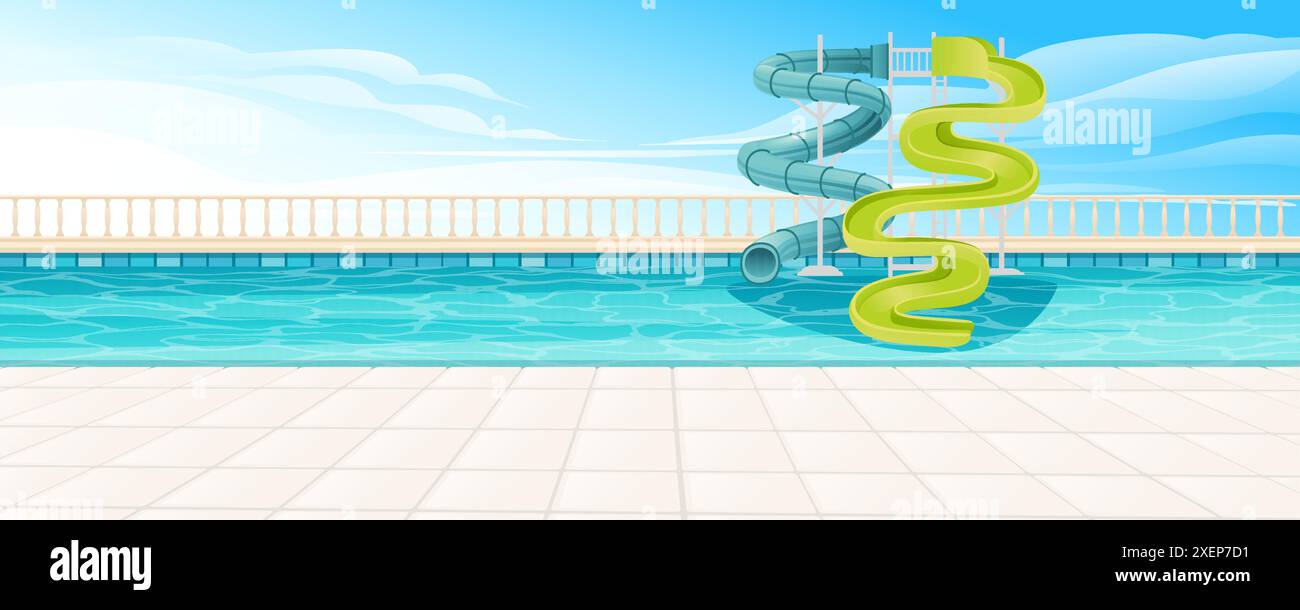 Beautiful clear pool with water park slides tube. Bright clear water in pool, colorful pipes ...