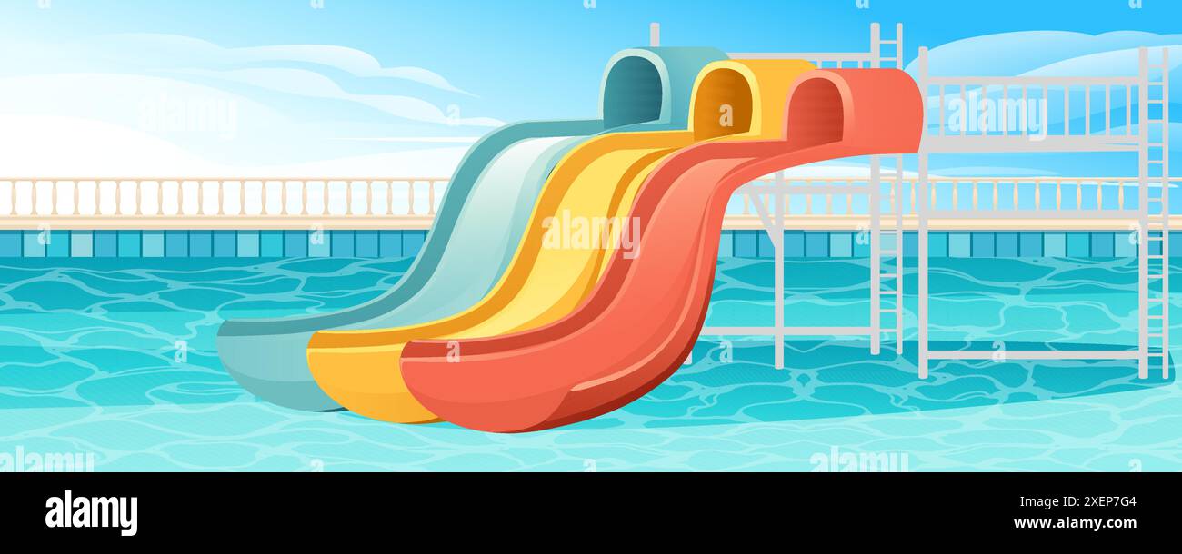Beautiful clear pool with water park slides tube. Bright clear water in pool, colorful pipes ...