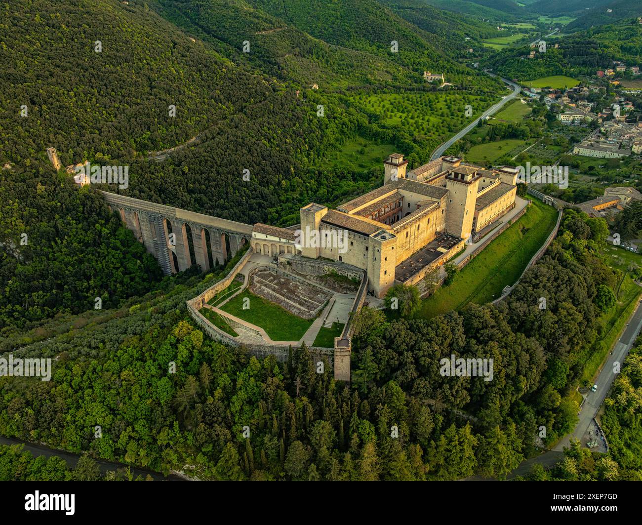 Aerial view of Rocca Albornoziana and Ponte delle Torri in the medieval ...